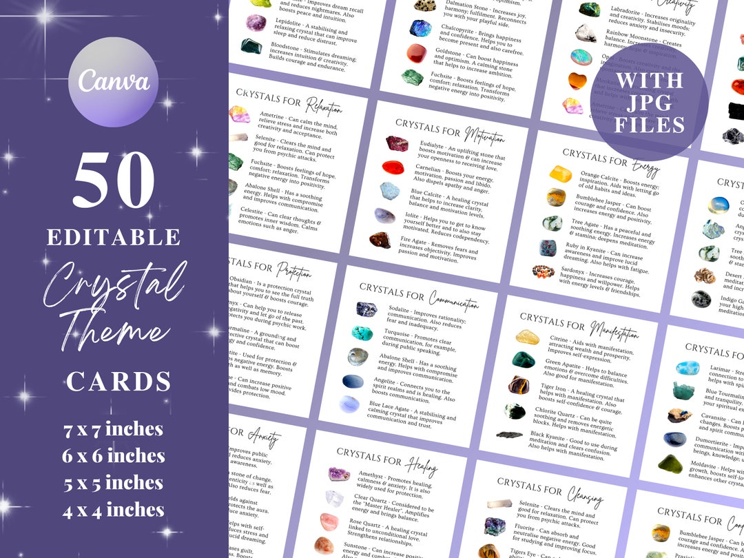 50 Printable Crystal Meaning Cards, Crystal Theme Cards, Crystal Set ...