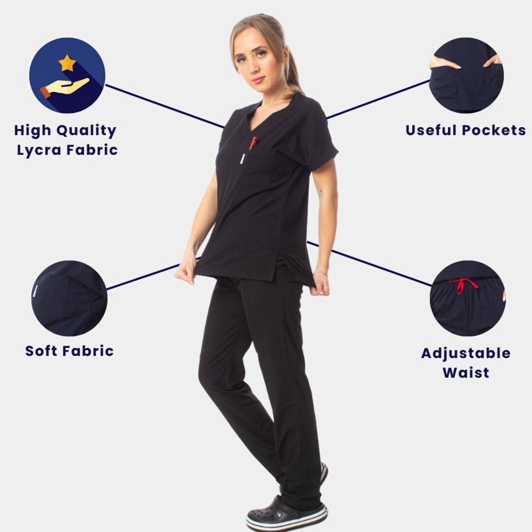 Black Lycra Medical Uniform World Scrubs Set for Women 6 Pocket ...