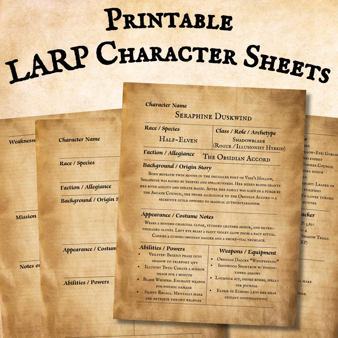 Editable LARP Character Sheet Template – Printable PDF for TTRPG ...