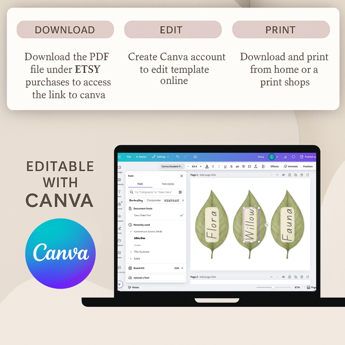 Editable Leaf Name Tags for Students – Watercolor Nature Classroom ...
