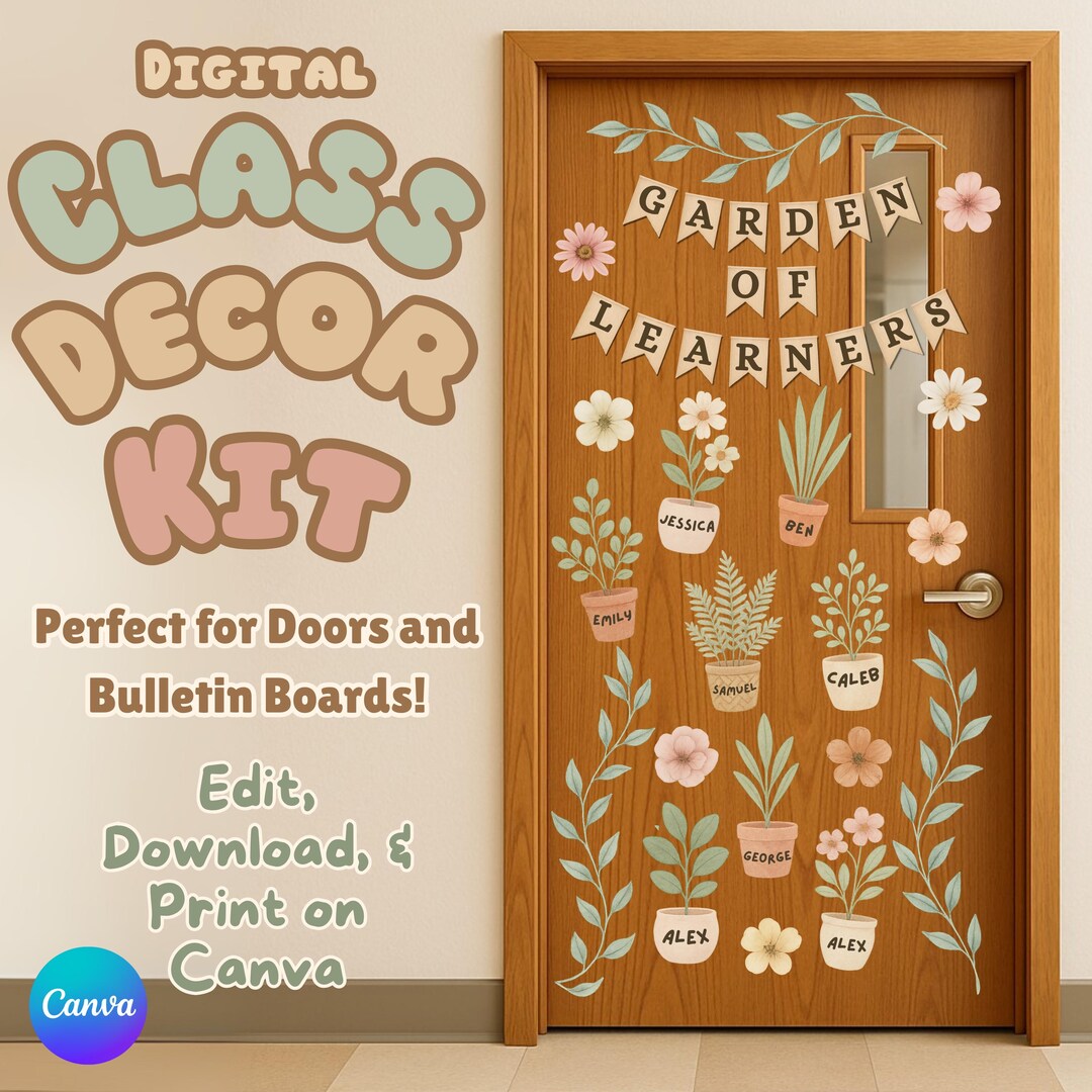 Botanical Classroom Door Decor Editable | Boho Garden Bulletin Board ...