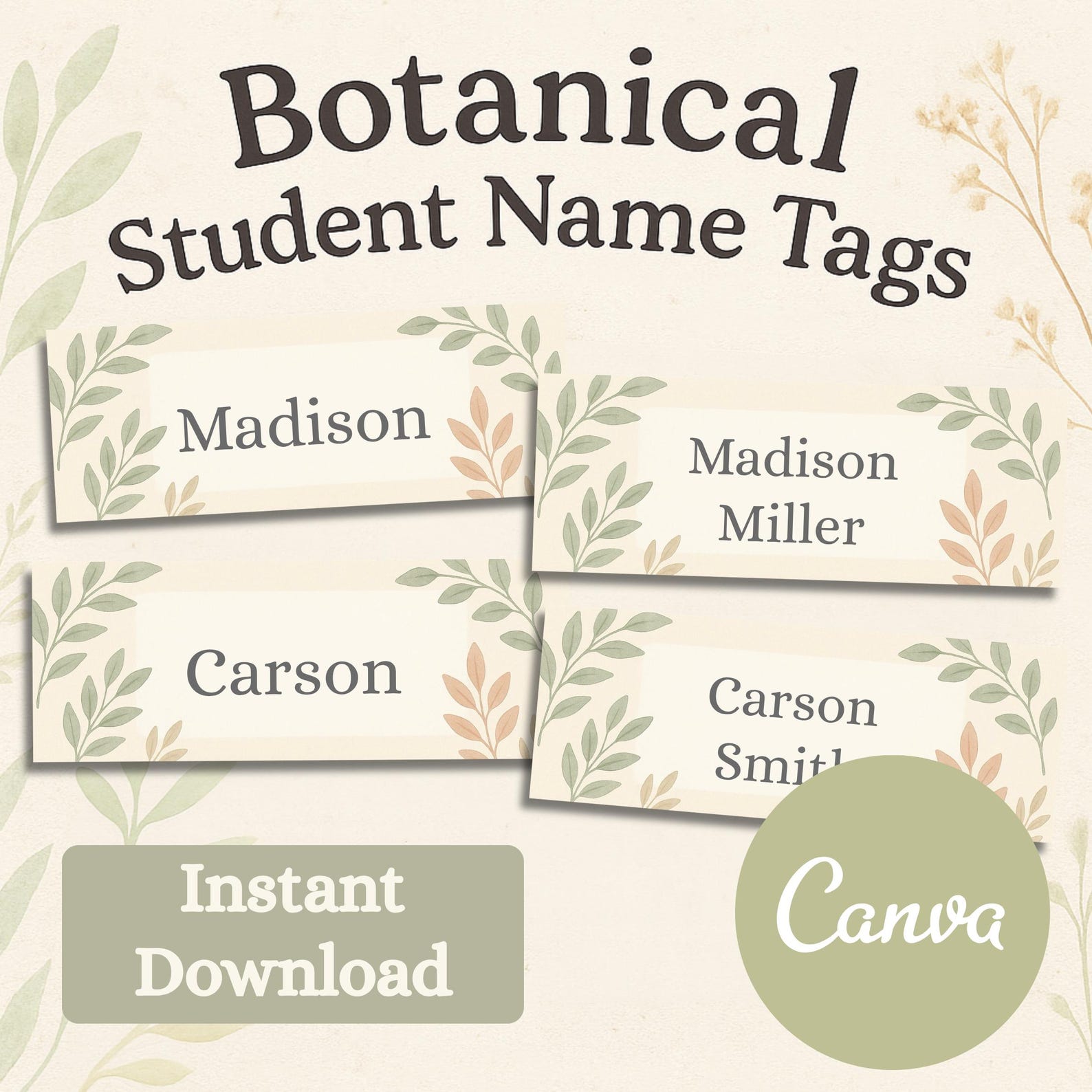 Botanical Student Name Tags Editable | Plant Desk Nameplates Printable ...