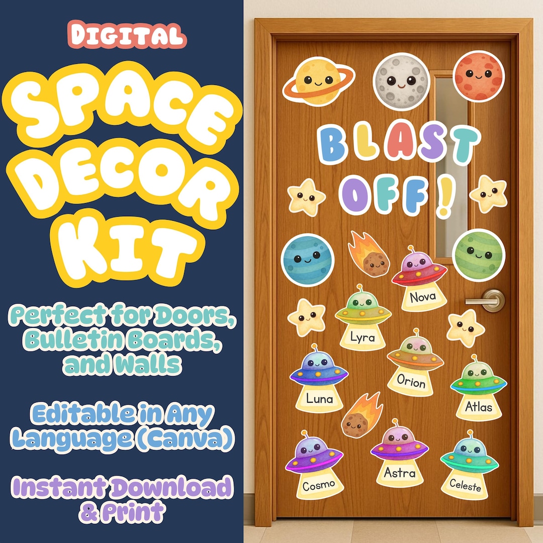 Cute Space Classroom Door Decor Kit | Editable UFO & Planet Name Tags ...