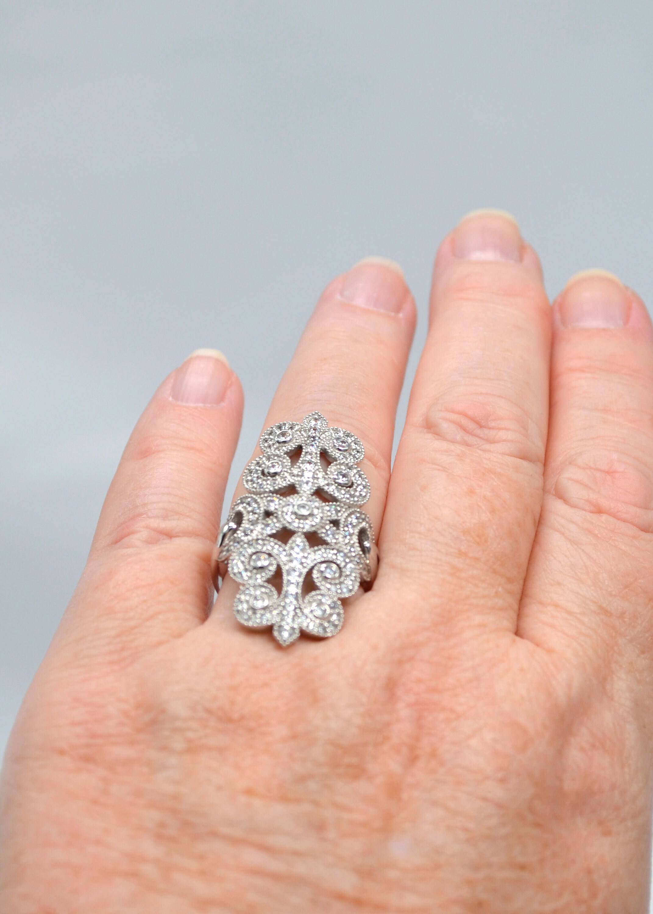 VINTAGE glamorous Xavier Absolute Art Deco Full Finger Style CZ Silver ...