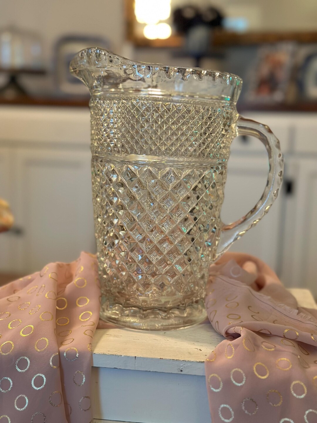 Vintage Diamond Cut Glass Pitcher - Etsy