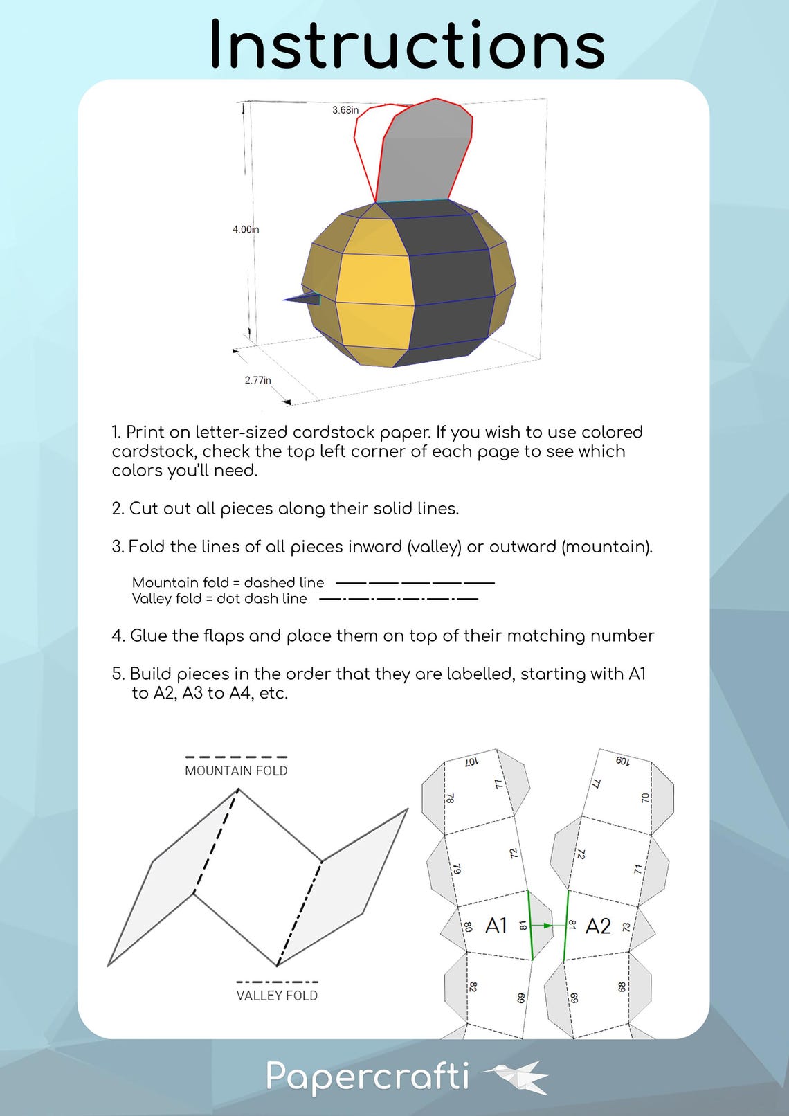Bee 3D Low Poly Papercraft Model Printable PDF Template DIY Craft - Etsy
