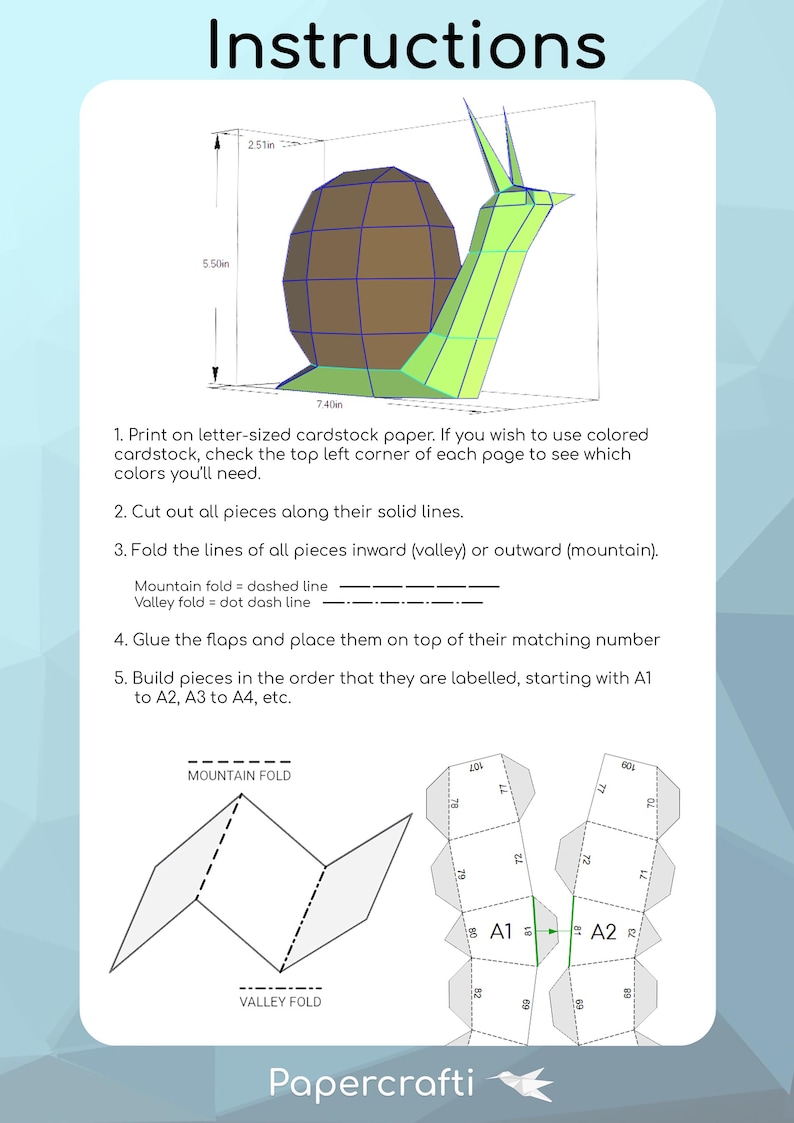 Snail 3D Low Poly Papercraft Model Printable PDF Template DIY Craft - Etsy