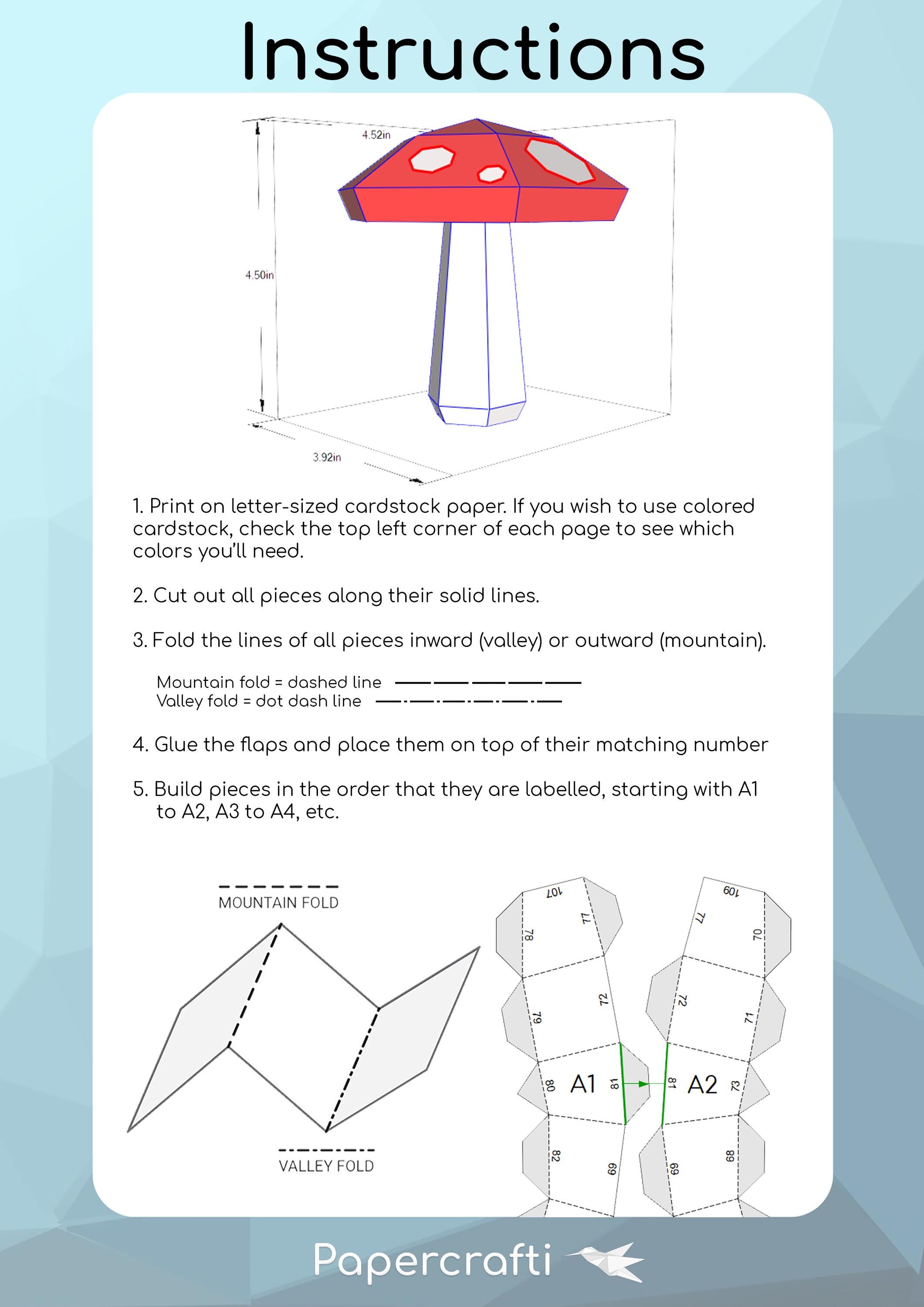 Mushroom 3D Low Poly Papercraft Model Printable PDF Template DIY Craft ...