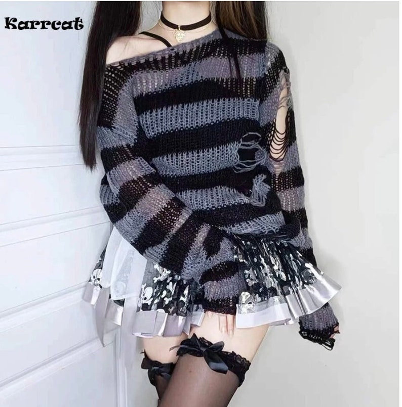 Gothic Goth Alt Emo Edgy Sweater Women Knitted Grunge Striped - Etsy