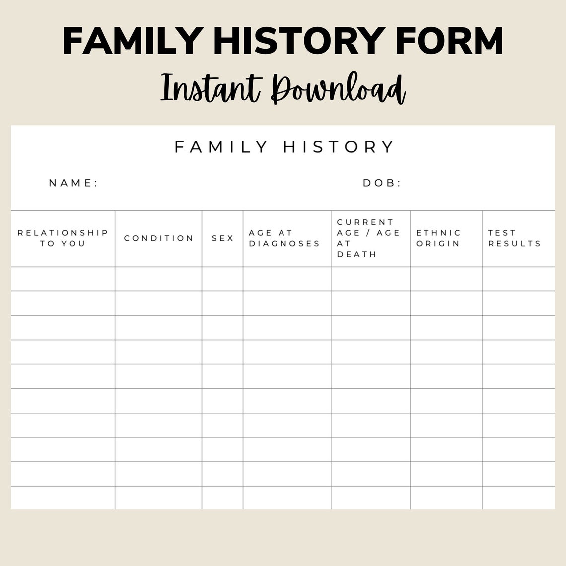 Family History Form Sheet Log List Medical Family Tree Pedigree Illness ...