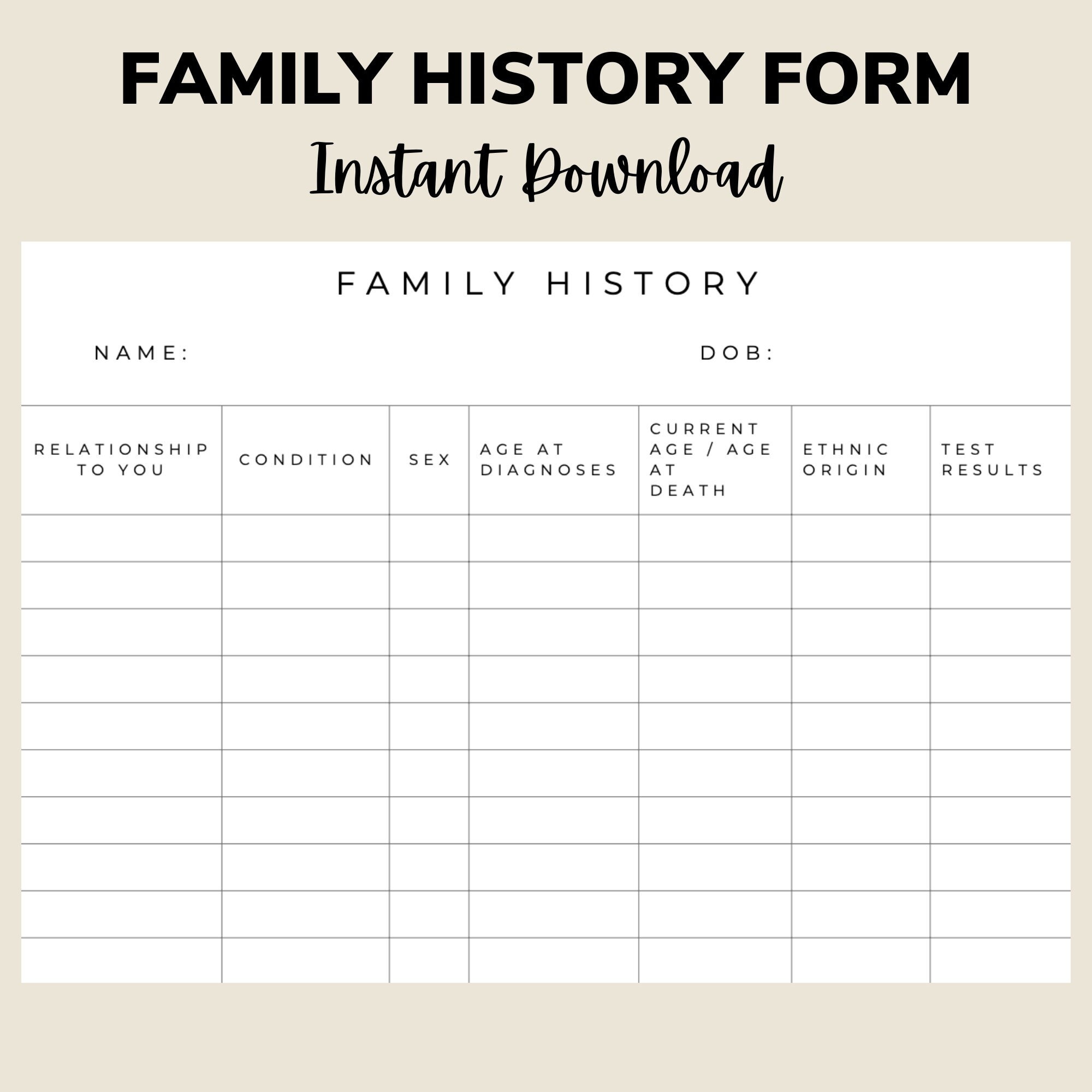 Family History Form Sheet Log List Medical Family Tree Pedigree Illness ...