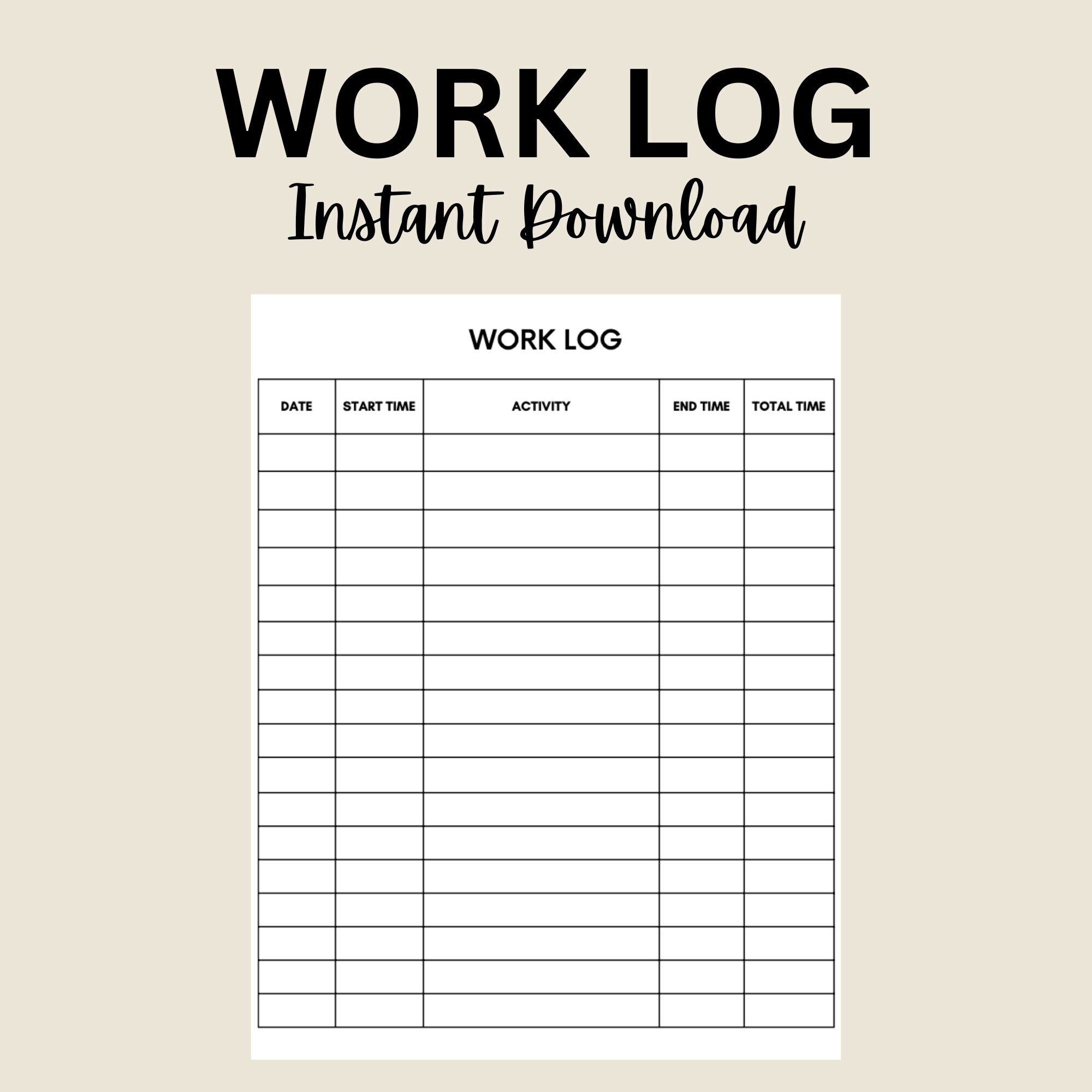 Work Log Printable. Time Log. Time Tracker. Working Hours Log. Activity ...