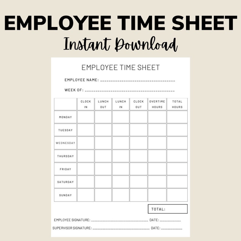 Employee Time Sheet Printable Digital Template - Printable Time Card ...