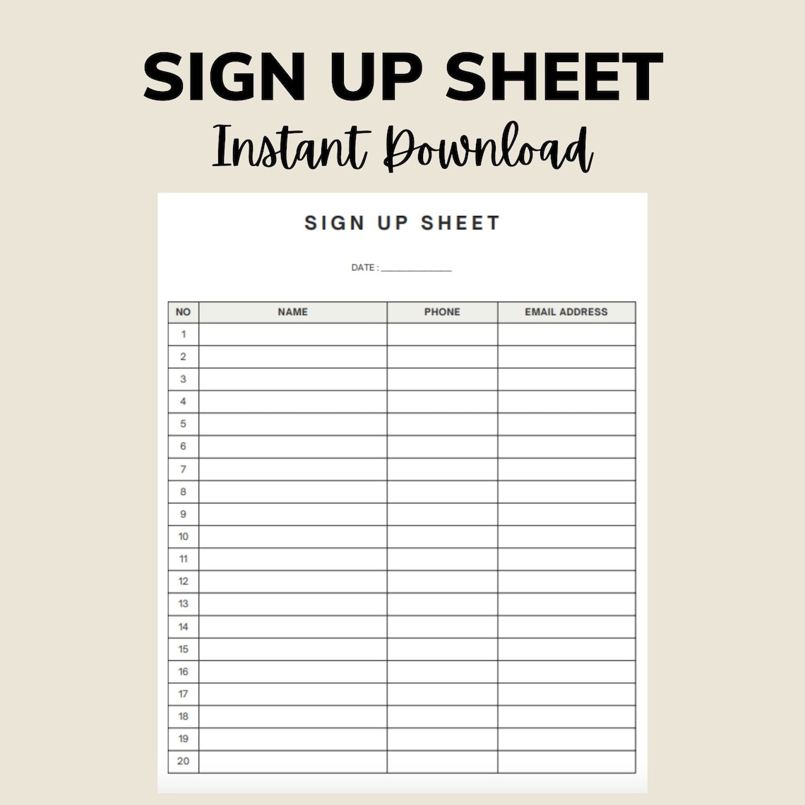 Sign up Sheet Event Sign up Template Log Digital Printable Download ...
