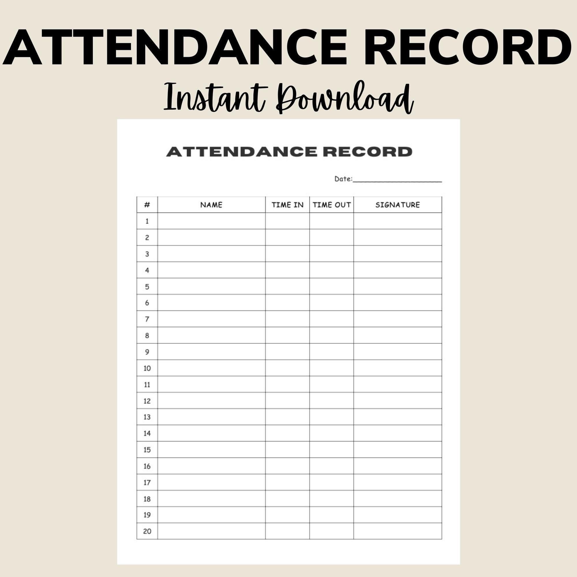 Attendance Record Attendance Log Attendance Tracking Sheet Attendance ...