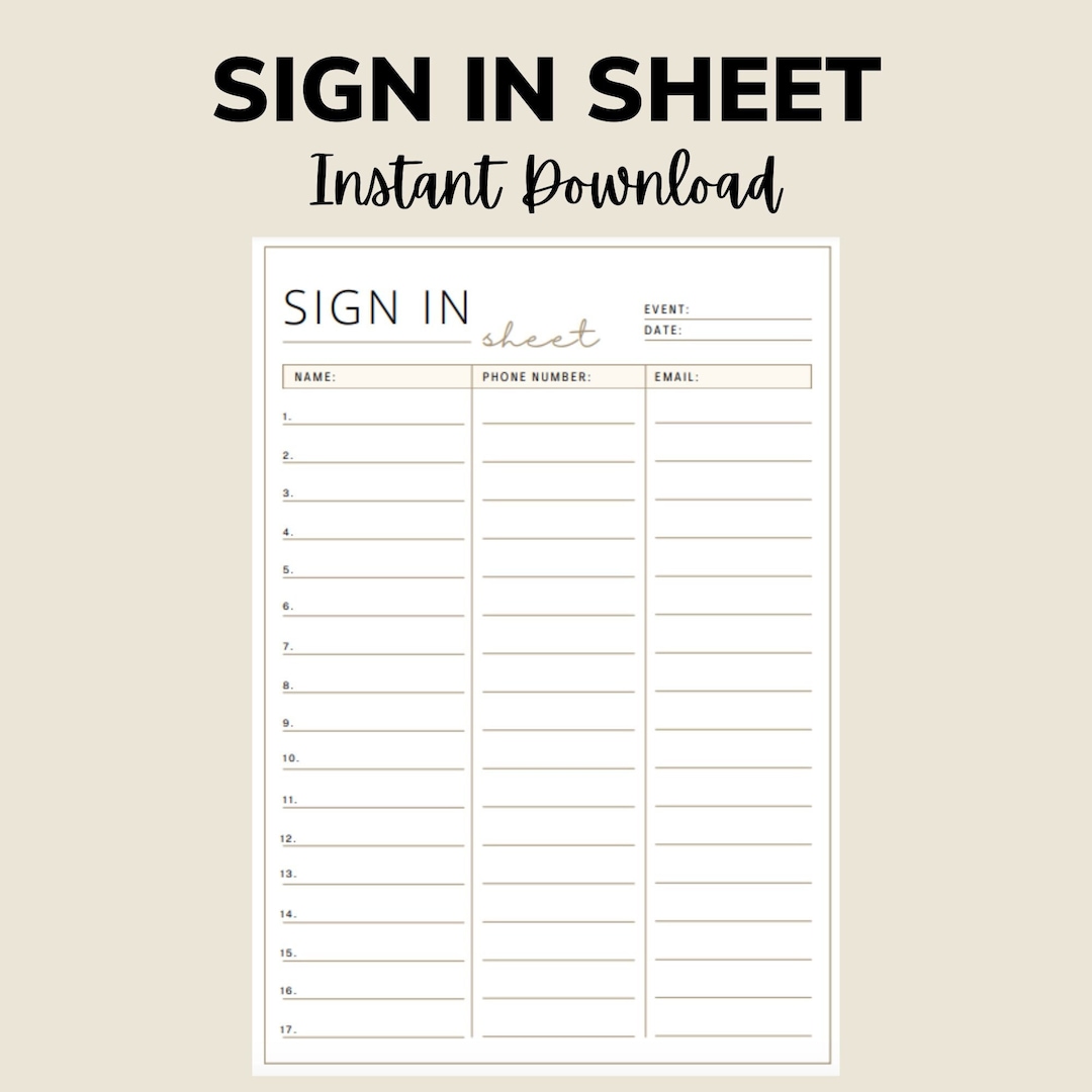 Sign in Sheet Form Template Log Attendance Tracker Printable Event Open ...