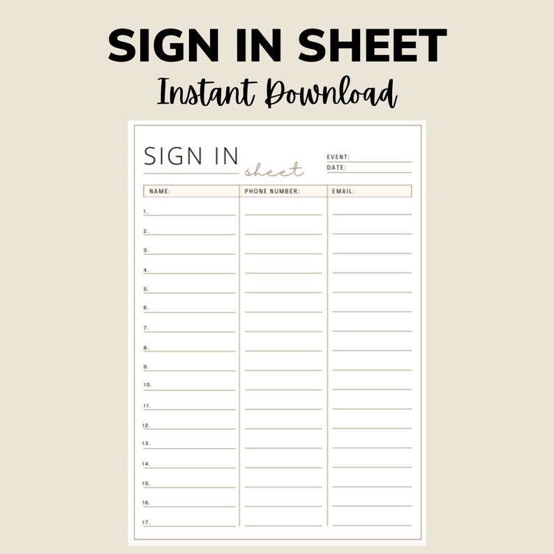 Sign in Sheet Form Template Log Attendance Tracker Printable - Etsy