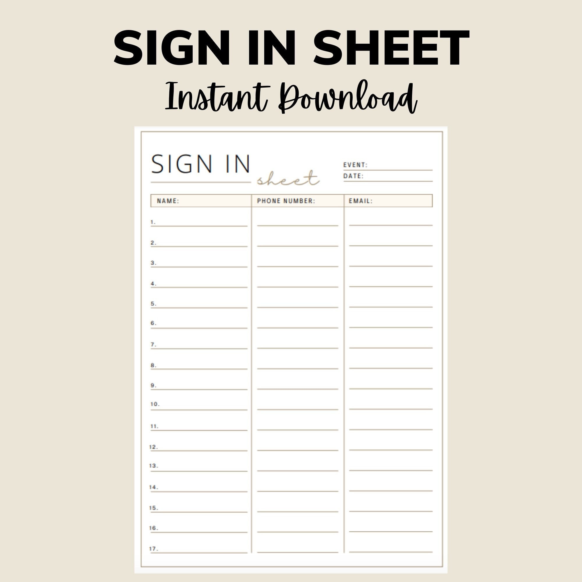 Sign in Sheet Form Template Log Attendance Tracker Printable - Etsy