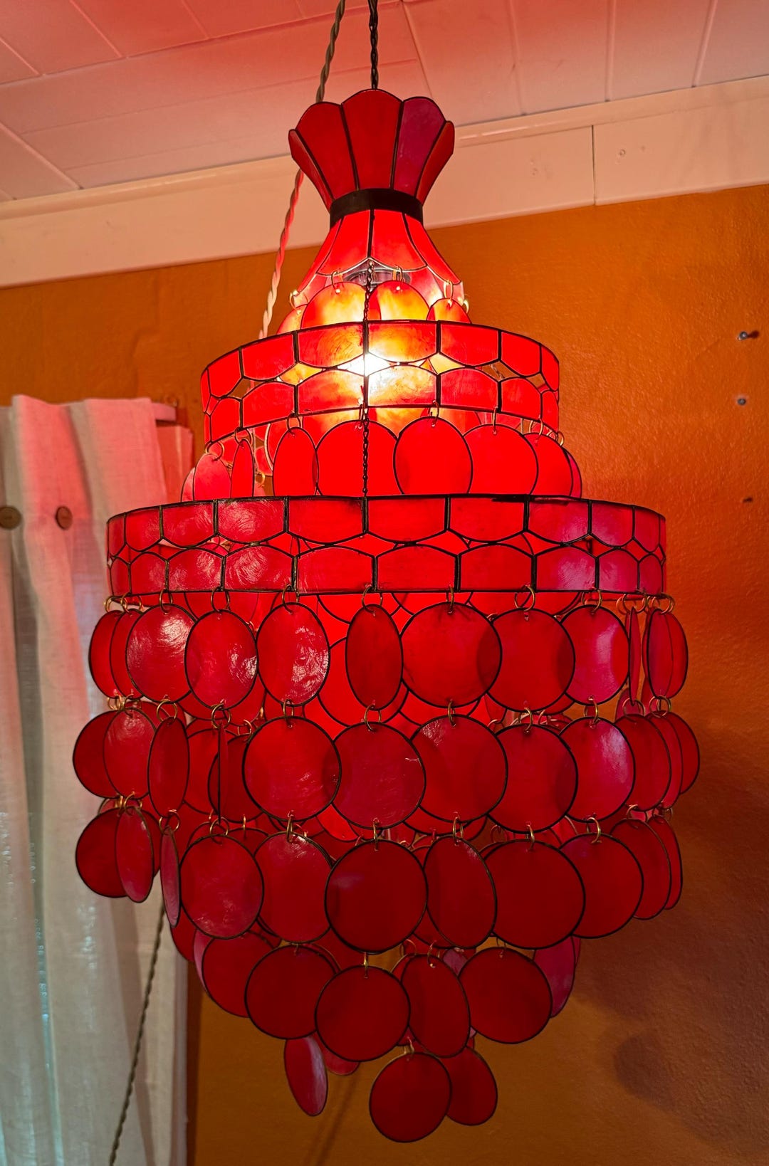 Vintage 1960 Large Three-tier Pink Capiz Shell Chandelier Mid Century ...