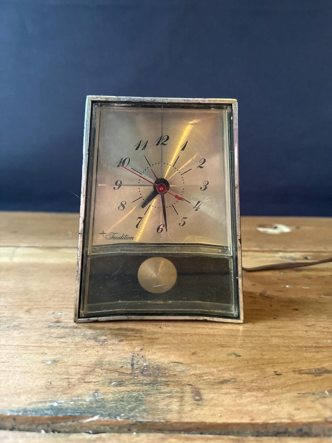 Vintage Electric Alarm Clock, Pendulum, Trapezoid Shape, Wood Grain ...