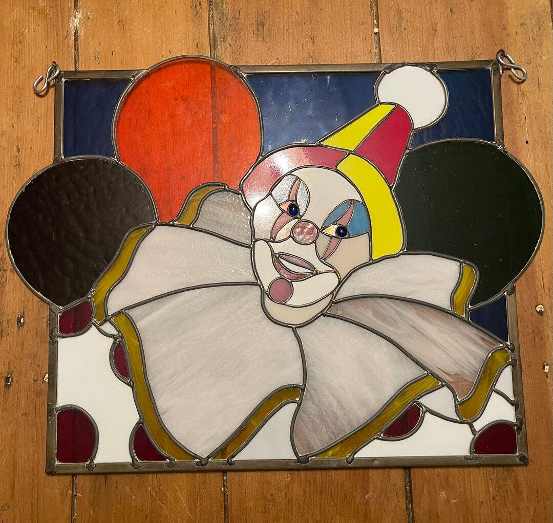 Leaded Stained Glass Circus Clown Sun Catcher Art Glass Large Vintage ...