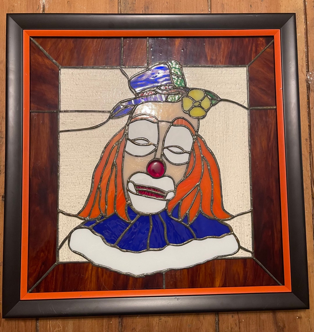Large Vintage Framed Stained Glass Clown Art Glass.. Professionally ...