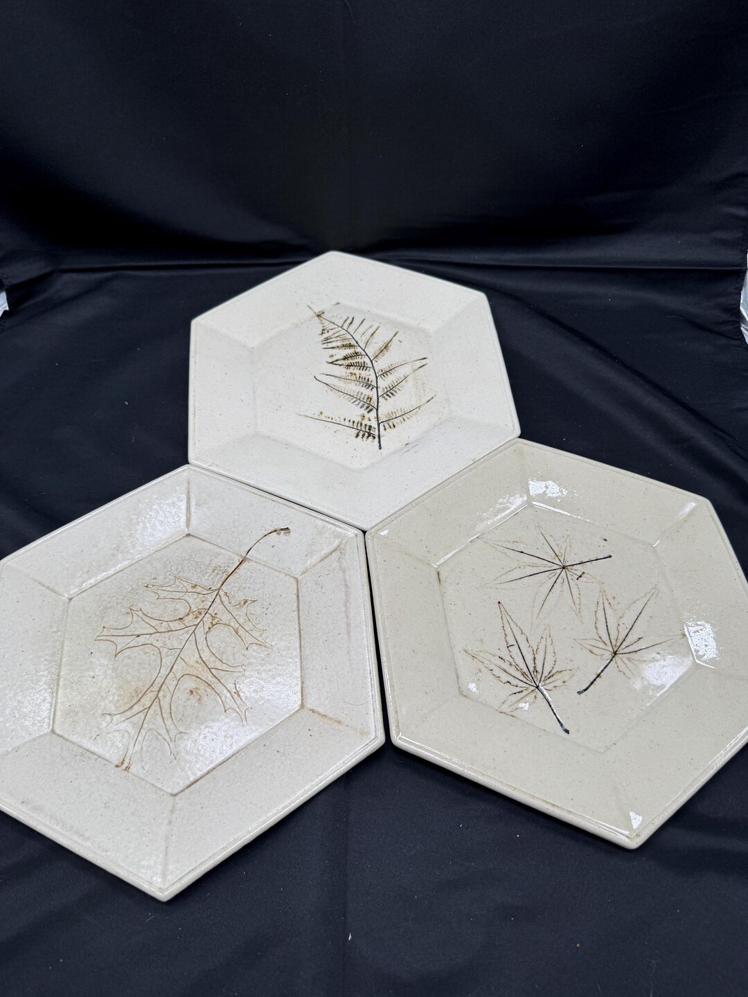 Vintage Set of 3 Handmade Hexagonal Organic Leaf Pressing Dinner 9 Inch ...