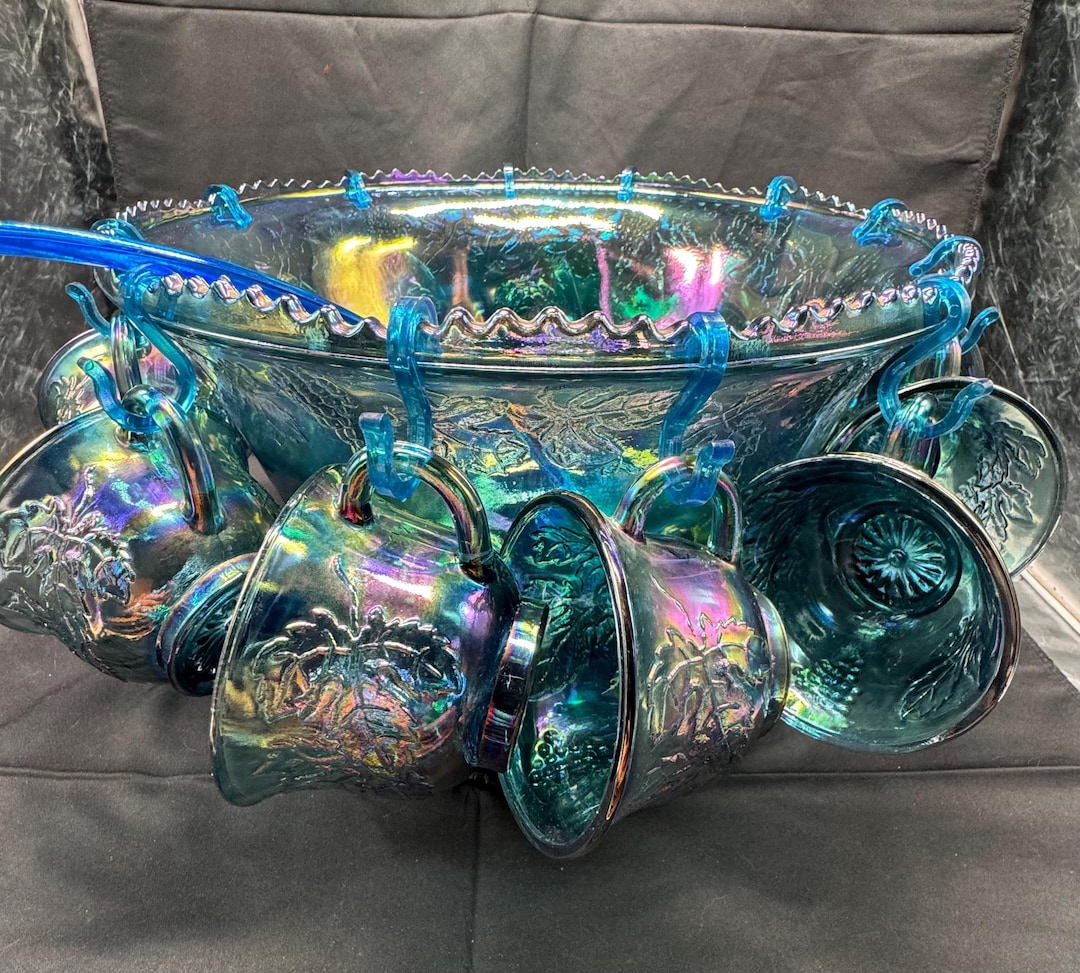 Vintage Blue Carnival Manganese Glass Princess Punch Bowl Set Indiana ...
