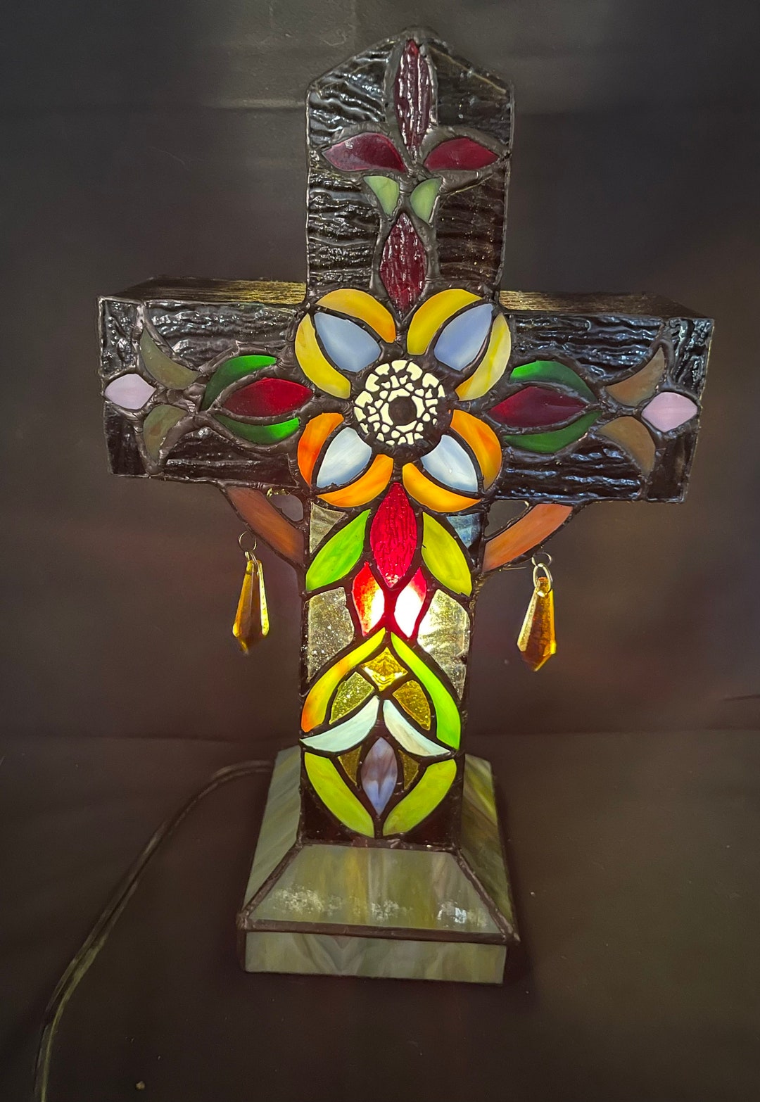 Vintage Stained Glass Cross Accent Table Lamp 13” Tall - Etsy