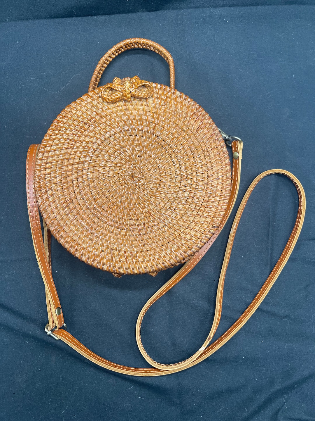 Vintage Hand-woven Round Rattan Bag Shoulder Leather Straps Natural ...