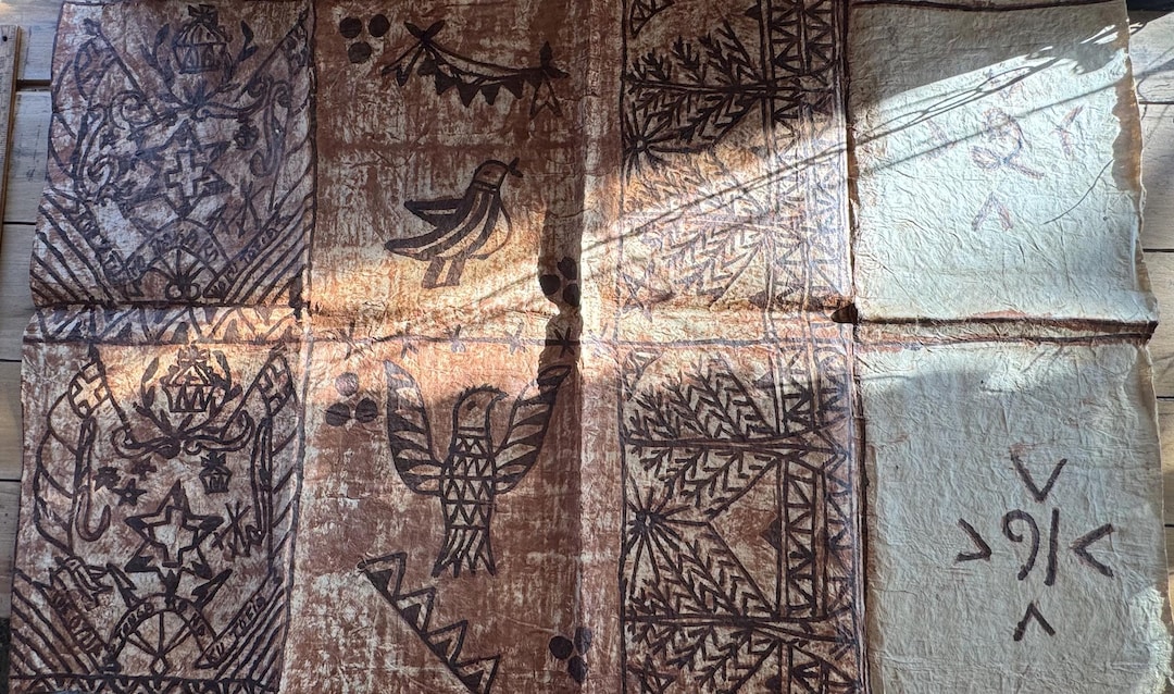 Vintage Tapa Cloth Wall Hanging, Painted Beated Bark, Traditional 58" X ...