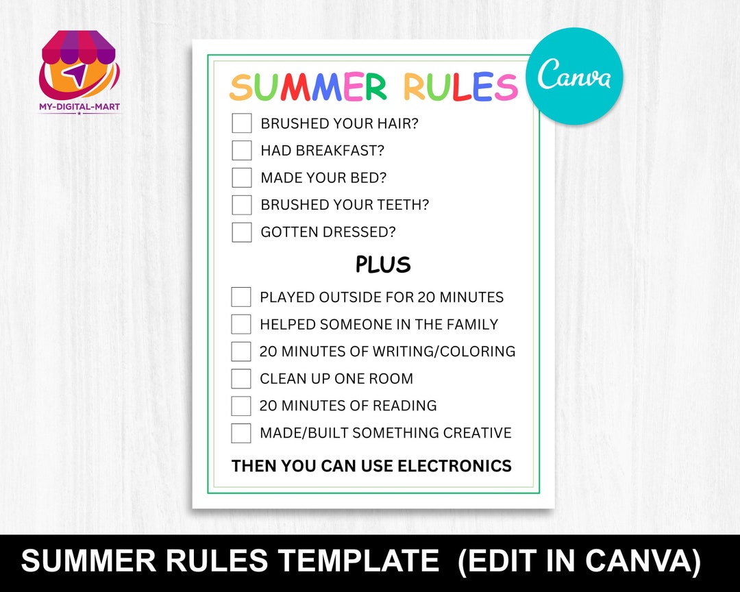 Editable Summer Rules Printable, Canva Template, Canva Editable ...