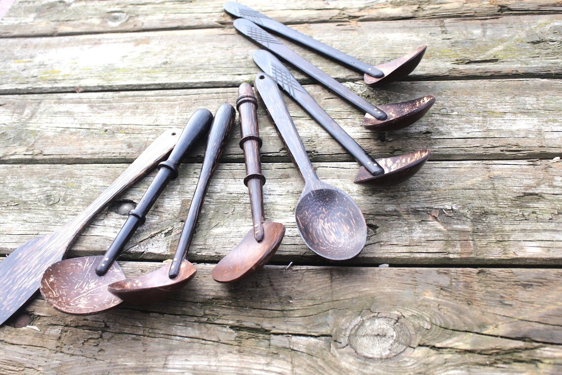 Hand Carved Coconut Shell Spoons: Kithul Wood Handle, Curry Spoons - Etsy