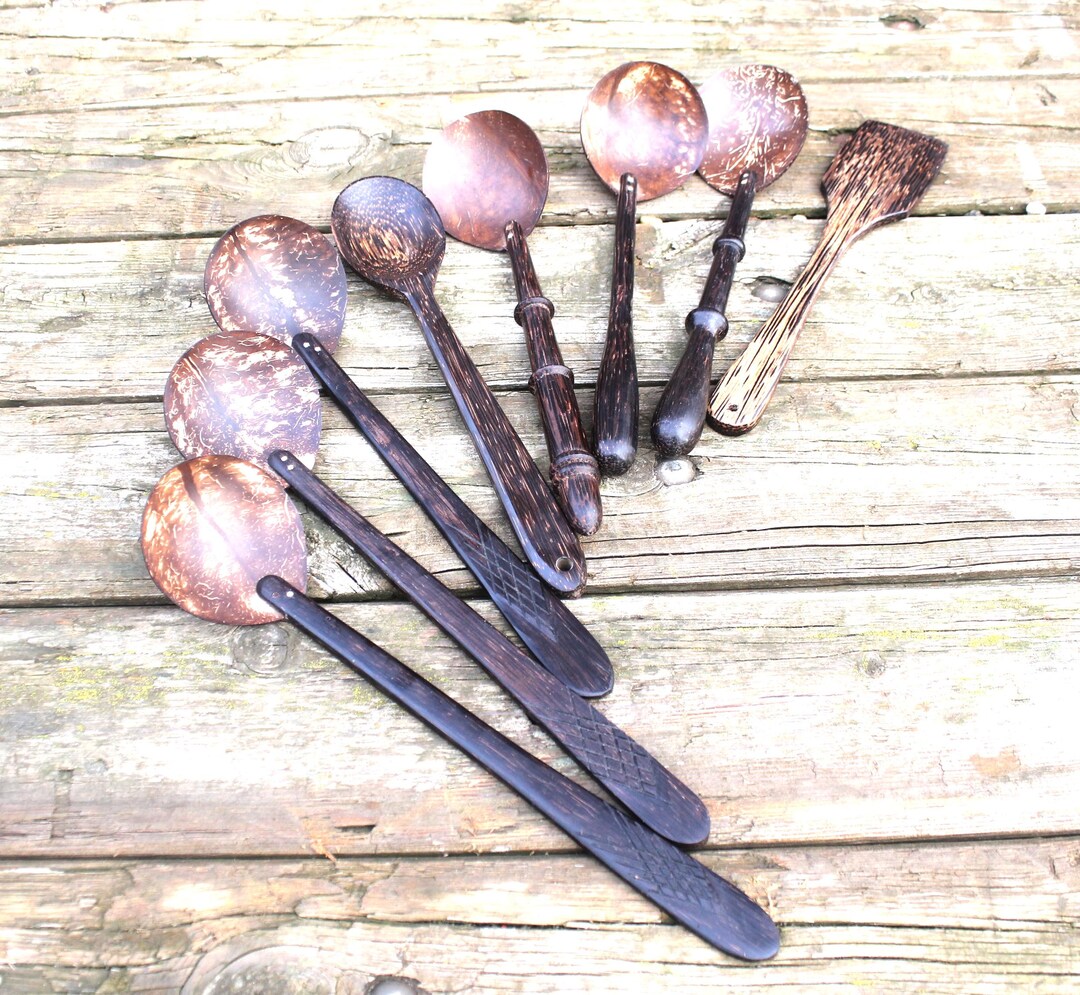 Wooden Spoons Set of 8, Coconut Shell Spoons, Large Cooking & Serving ...