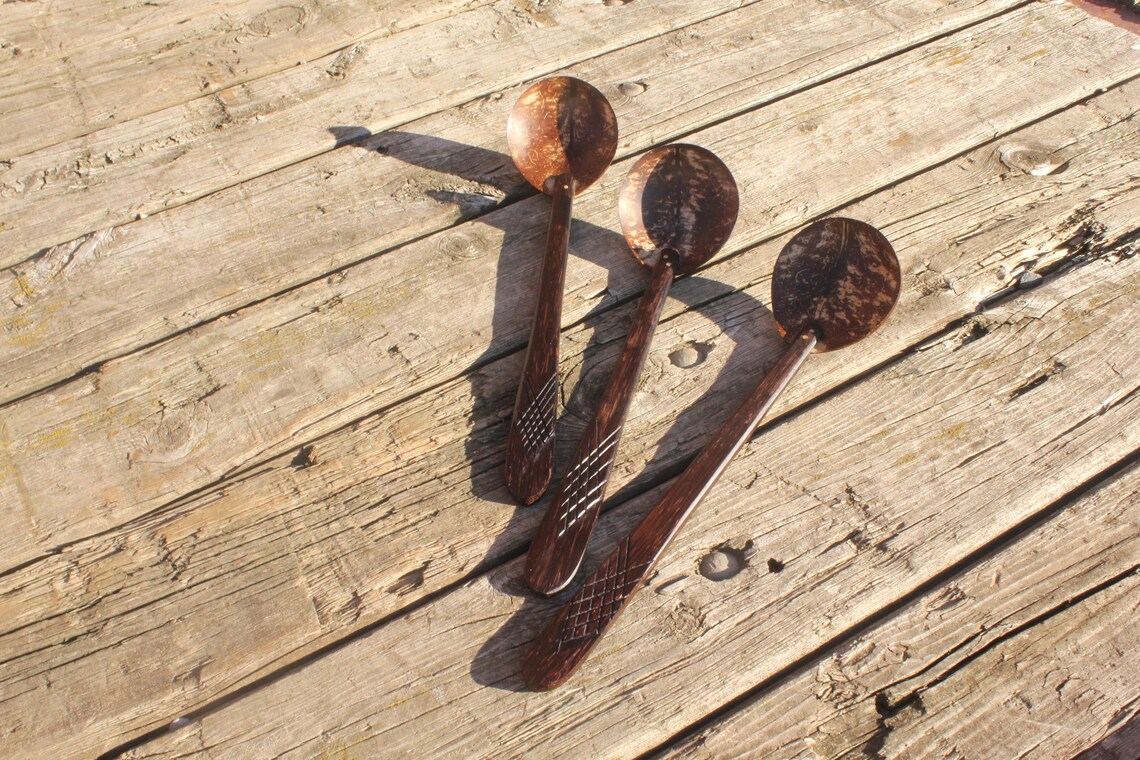 Hand Carved Coconut Shell Spoons: Kithul Wood Handle, Curry Spoons - Etsy