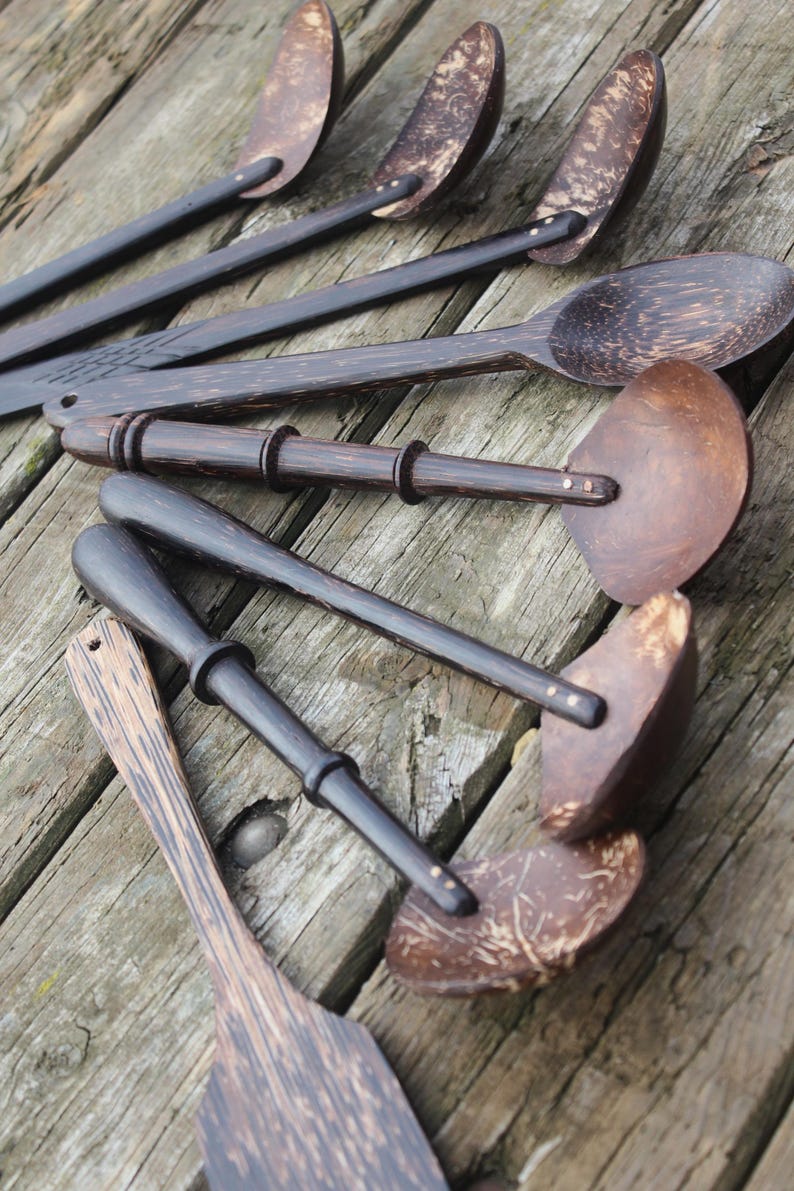 Hand Carved Coconut Shell Spoons: Kithul Wood Handle, Curry Spoons - Etsy