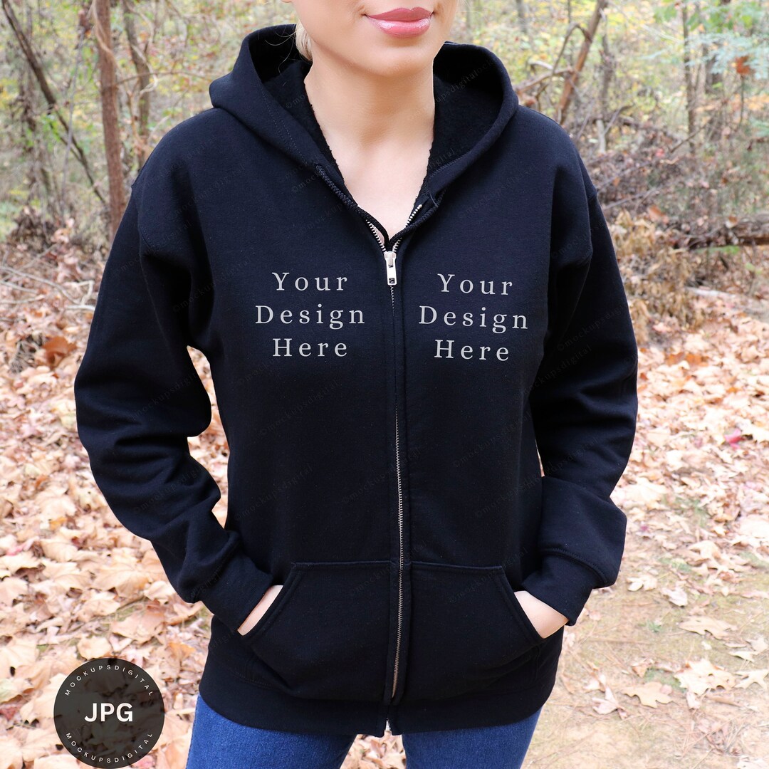 Gildan 18600 Mockup Black Hoodie Mockup Outdoors Mockup Zip up Black ...