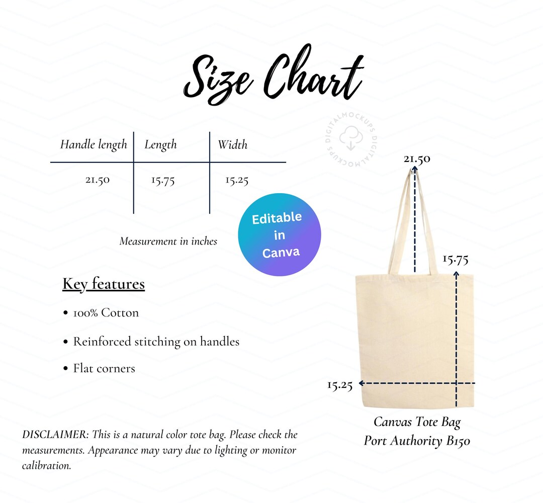 Natural Tote Bag Mockup, Port Authority B150 Size Chart, Tote Bag Size ...
