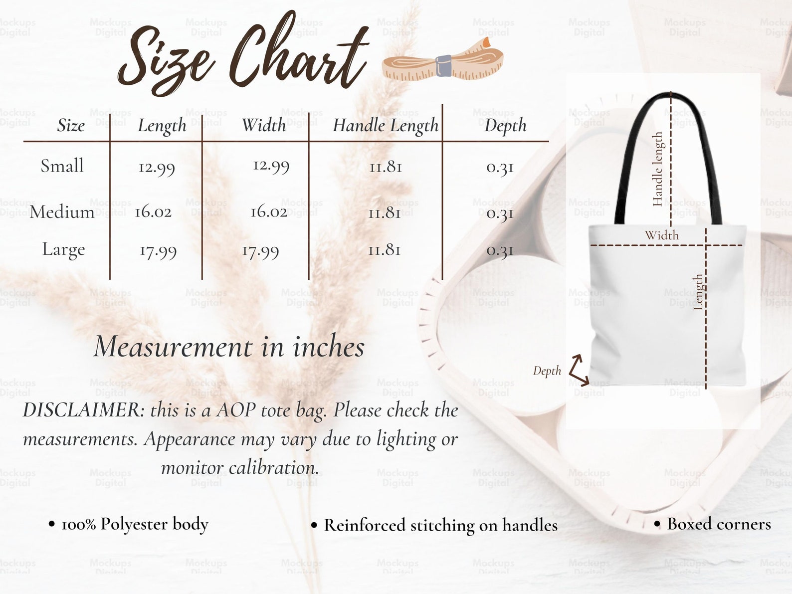Aop Tote Bag Size Chart-aop Tote Bag Mockup-size Chart-all - Etsy