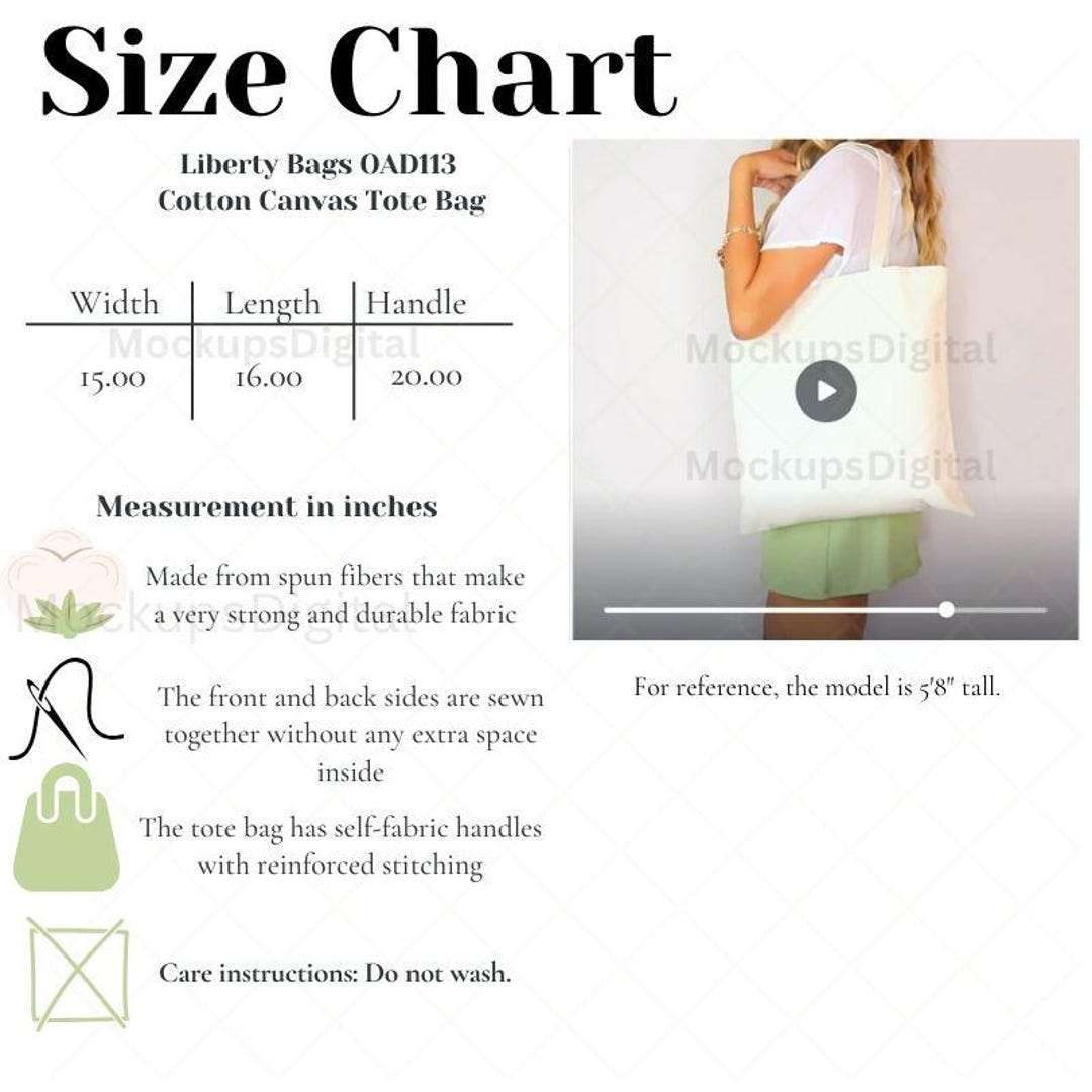 Liberty Bag Size Chart OAD113 Video Size Chart Cotton Canvas Tote Bag ...