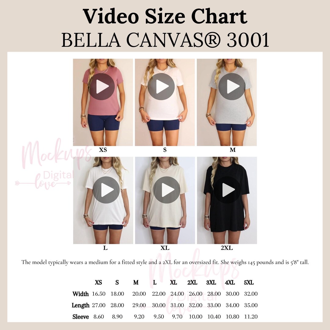 Bella Canvas 3001 Video Size Chart Bella Canvas 3001 Video Mockup ...