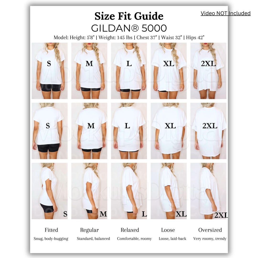 Gildan 5000 Size Fit Guide-white Gildan 5000 Size Chart Card-5000 ...