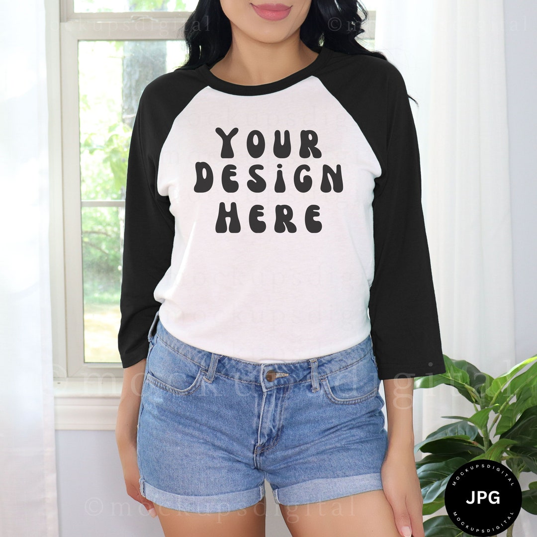 Bella Canvas 3200 Raglan Shirt Mockup White Shirt With Black Sleeves ...