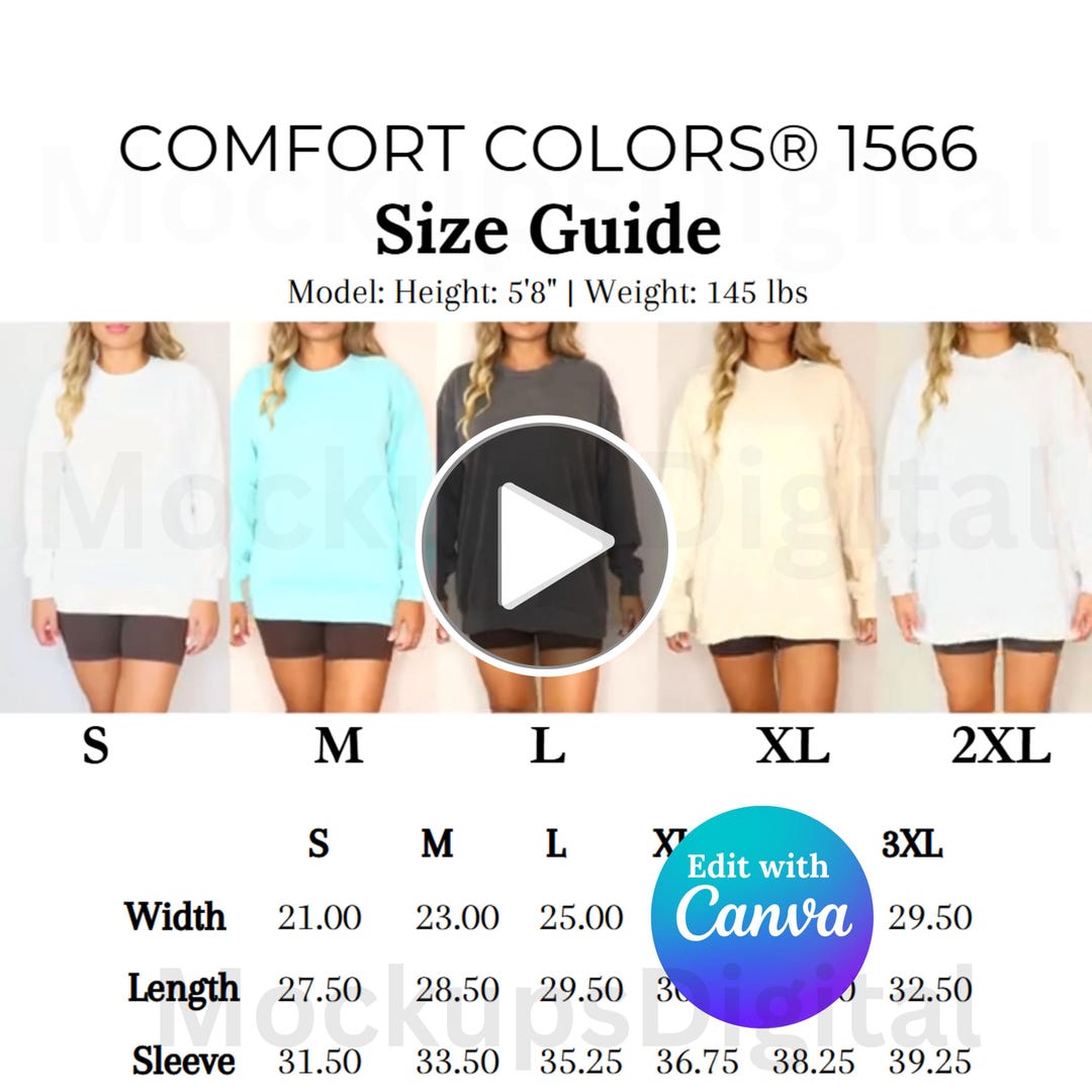 Editable Comfort Colors 1566 Video Size Chart Comfort Colors 1566 Video ...
