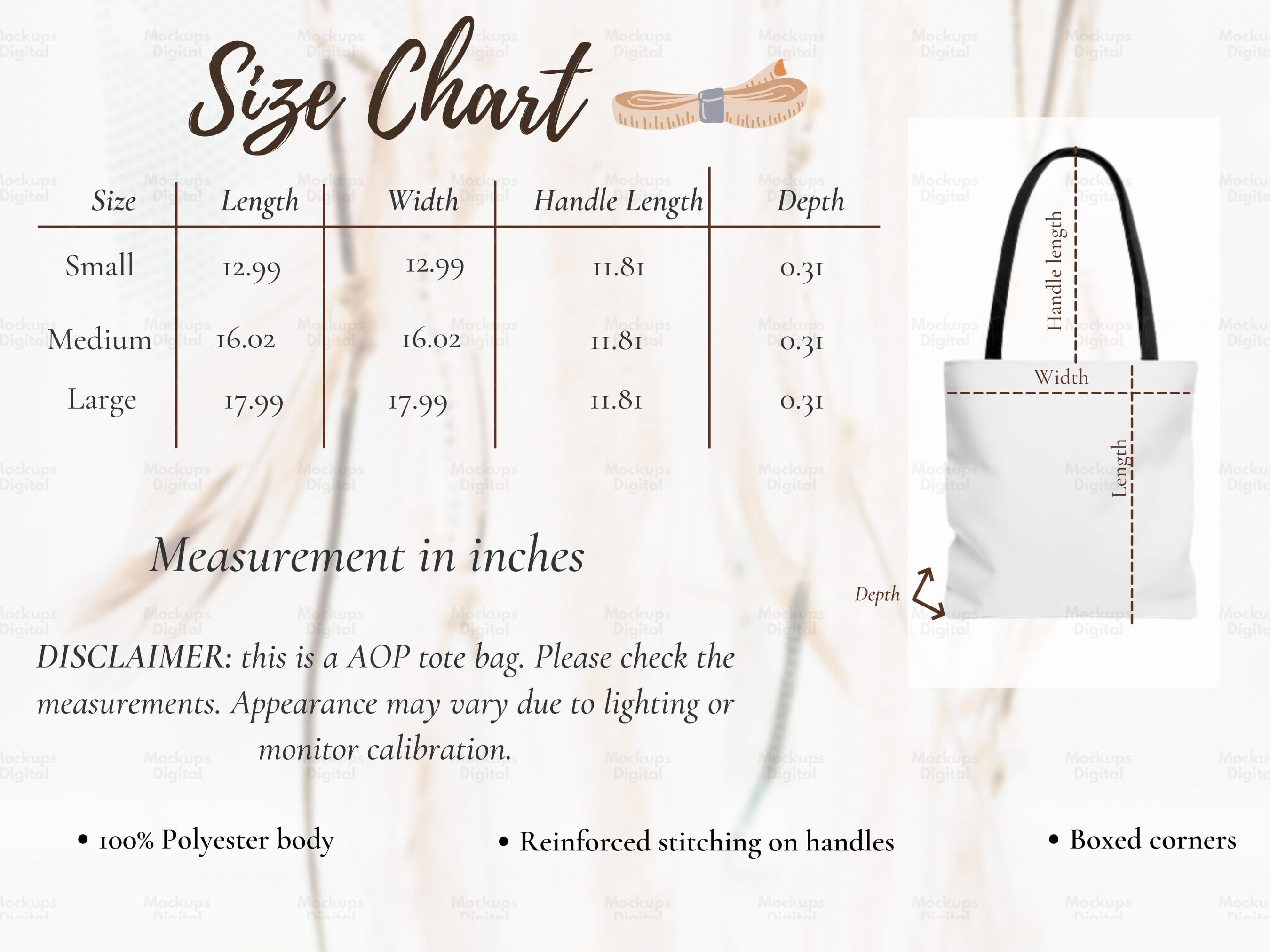Aop Tote Bag Size Chart-aop Tote Bag Mockup-size Chart-all - Etsy
