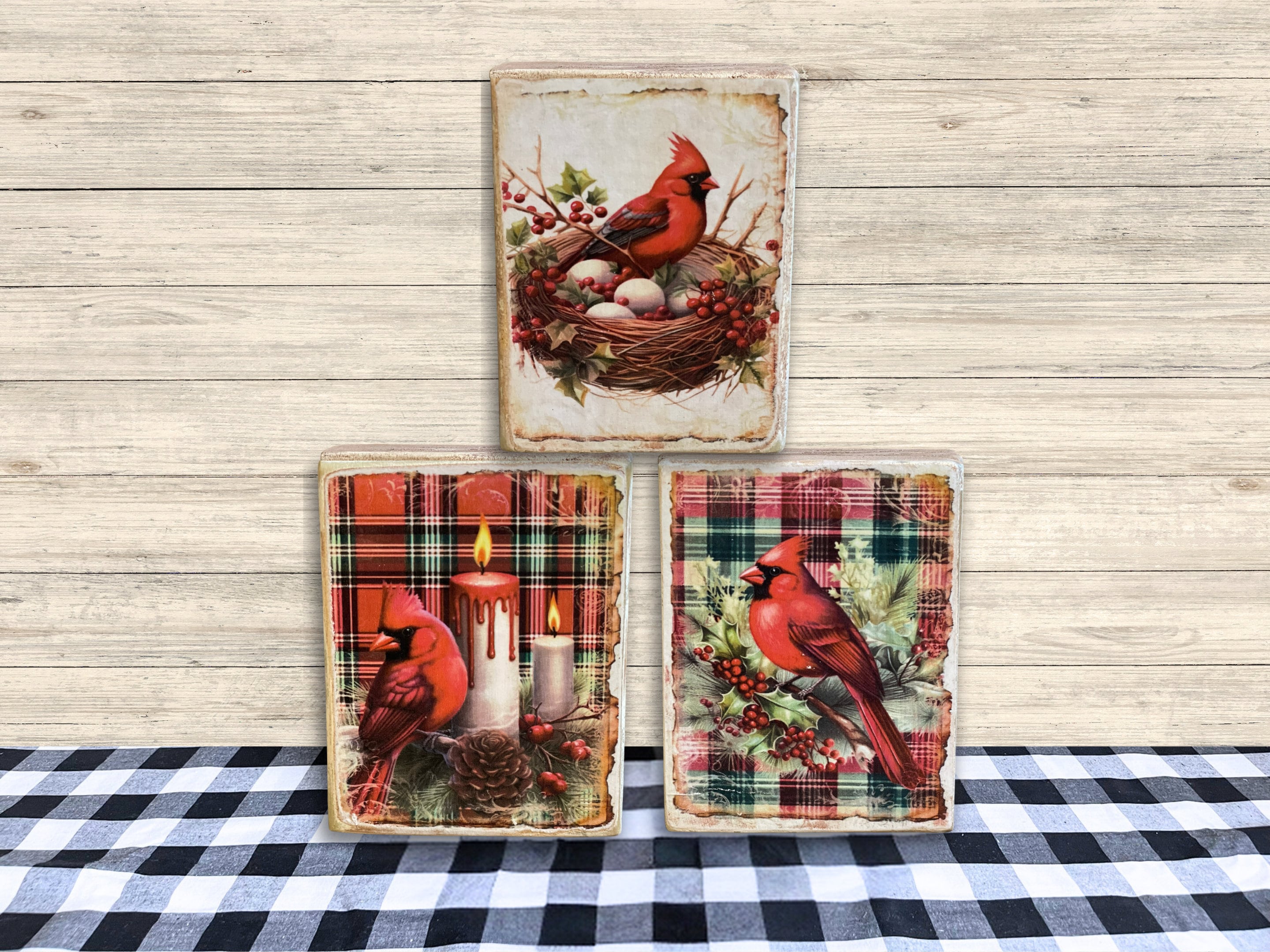 Cardinal Tiered Tray Wooden Blocks for Christmas, Rustic Red Bird Home ...