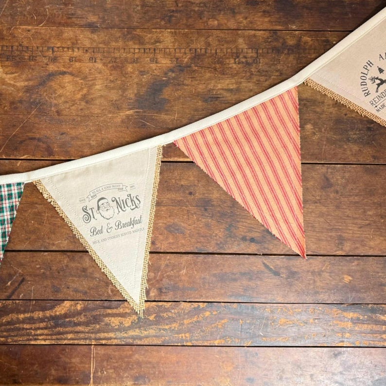 Vintage Christmas Fabric Garland, Handmade Burlap Pennant Decor ...