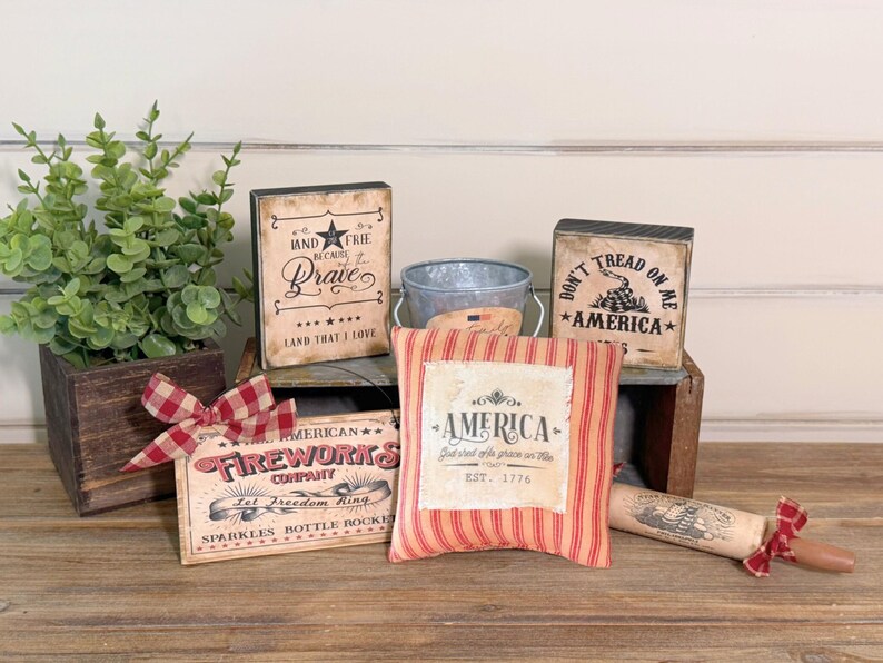 4th of July Tiered Tray Decor, Primitive Americana Wooden Signs ...