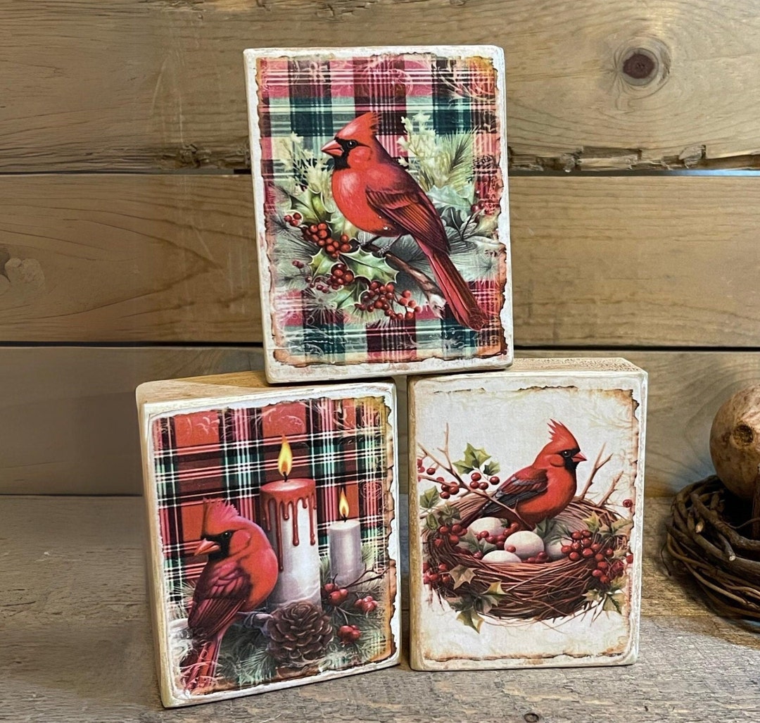 Cardinal Tiered Tray Wooden Blocks for Christmas, Rustic Red Bird Home ...