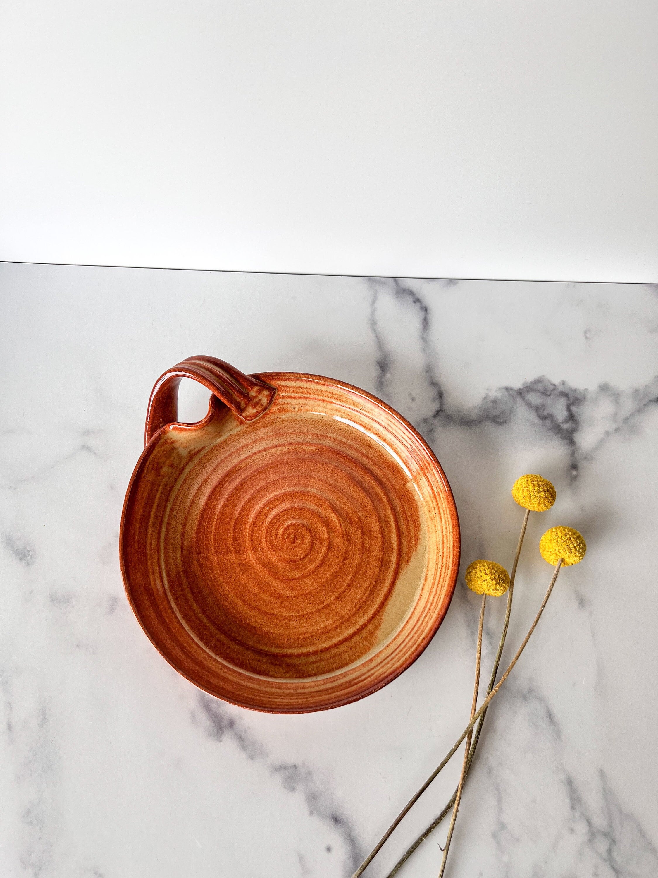 Vintage Circular Pottery Plate With Loop Handle, Handmade Ceramic ...